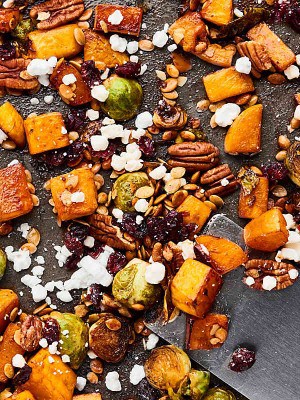 Roasted Fall Vegetable Pasta Recipe - Squash, Brussels Sprout, Goat Cheese