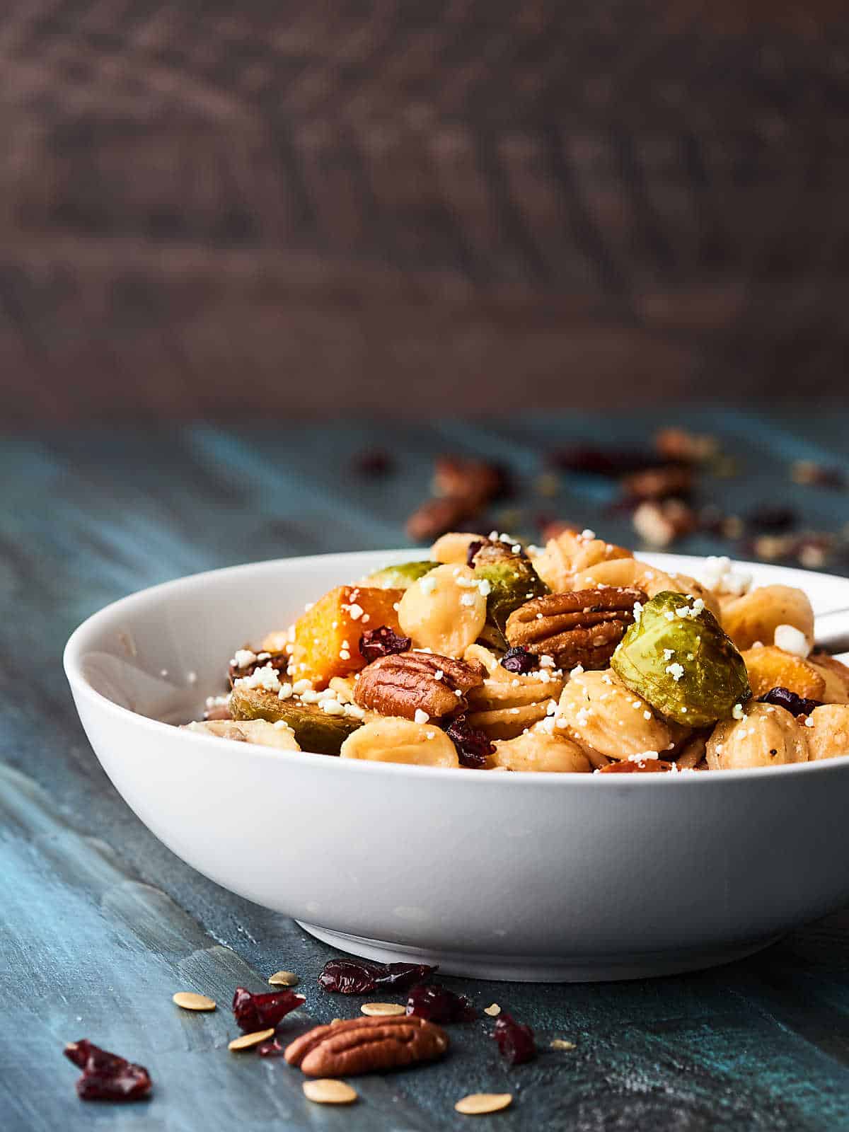 Roasted Fall Vegetable Pasta Recipe - Squash, Brussels Sprout, Goat Cheese