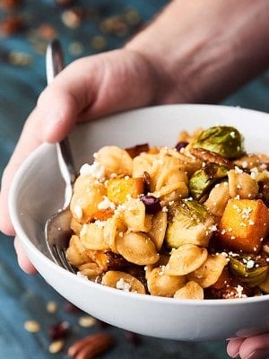 Roasted Fall Vegetable Pasta Recipe - Squash, Brussels Sprout, Goat Cheese