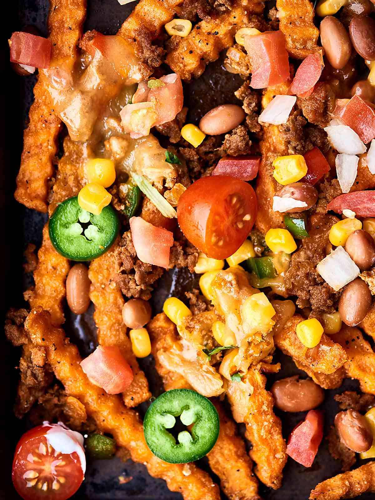 Mexican Sweet Potato Cheese Fries - w/ Crinkle Cut Fries & Taco Meat