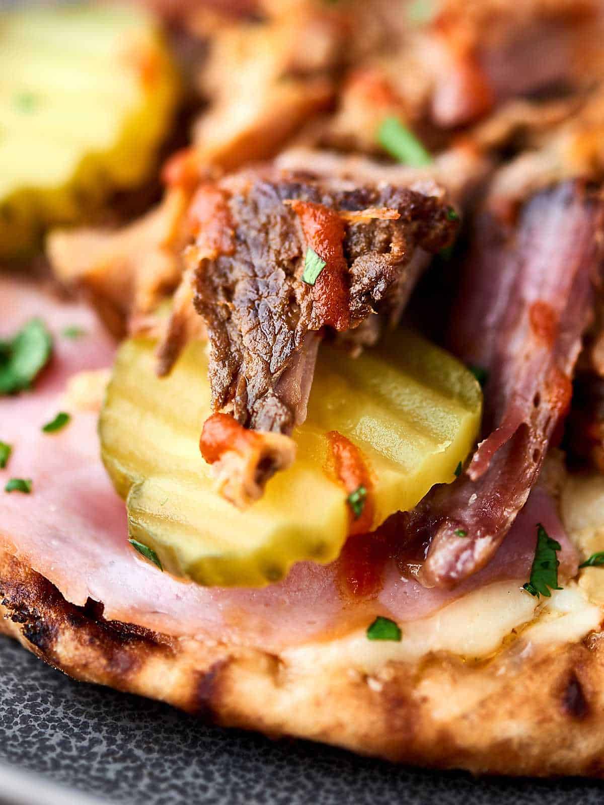 Mini Cuban Naan Pizzas - Mini Naan w/ Pork, Ham, Swiss, Pickles