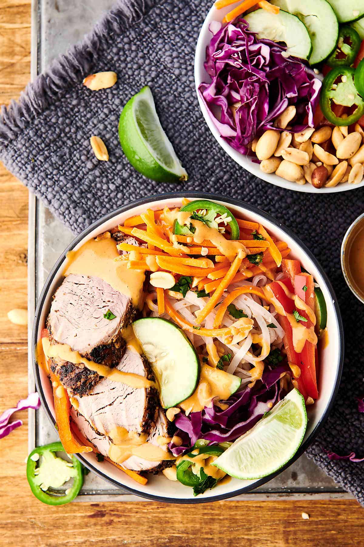 Grilled Pork Spring Roll Bowls Recipe - w/ Veggies, Herbs & Peanut Sauce