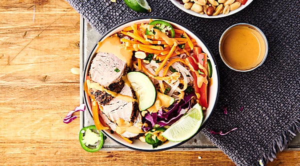 Grilled Pork Spring Roll Bowls Recipe - w/ Veggies, Herbs & Peanut Sauce