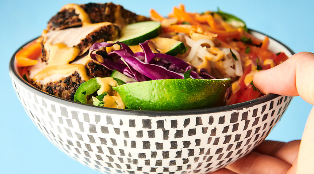 Grilled Pork Spring Roll Bowls Recipe - w/ Veggies, Herbs & Peanut Sauce