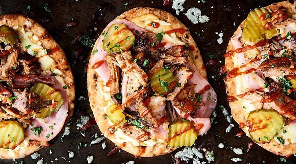 Mini Cuban Naan Pizzas - Mini Naan w/ Pork, Ham, Swiss, Pickles