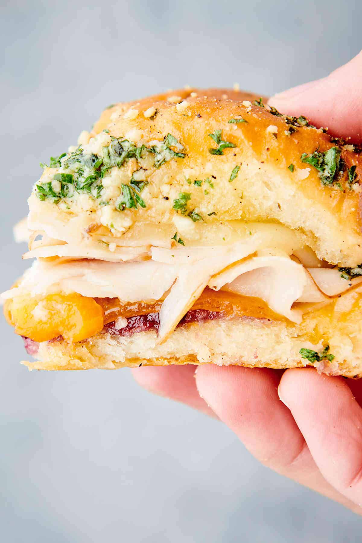 Turkey Sliders - Baked Turkey Sandwiches with Cheese and Jam